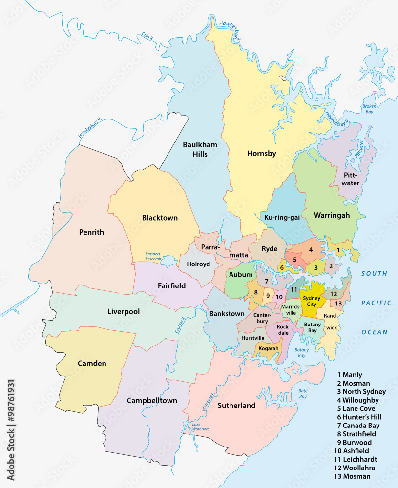 sydney metropolitan administrative map Stock Vector | Adobe Stock