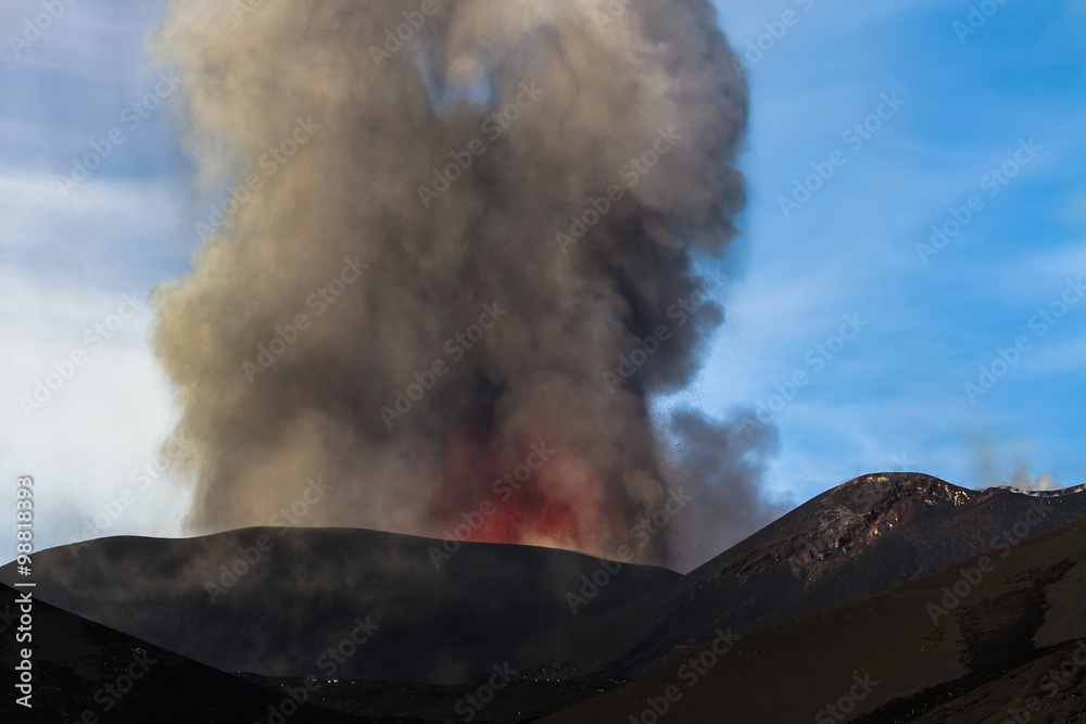 Volcano eruption. Mount Etna erupting from the crater Voragine Stock ...