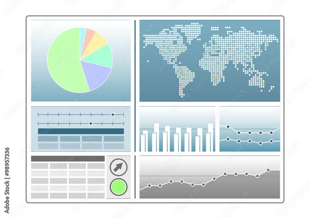Analytics dashboard template with pie chart, world map, line chart as vector illustration Stock ...