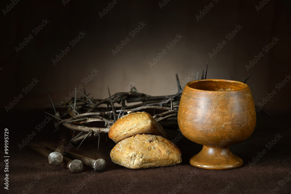 Communion Elements with Crown of Thorns and Nails Stock Photo | Adobe Stock
