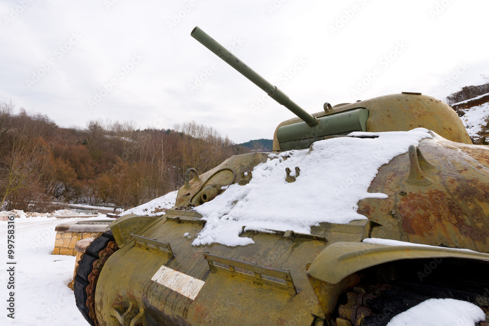M4 Sherman - Battle Tank / Detail of a tank M4 Sherman in winter with ...