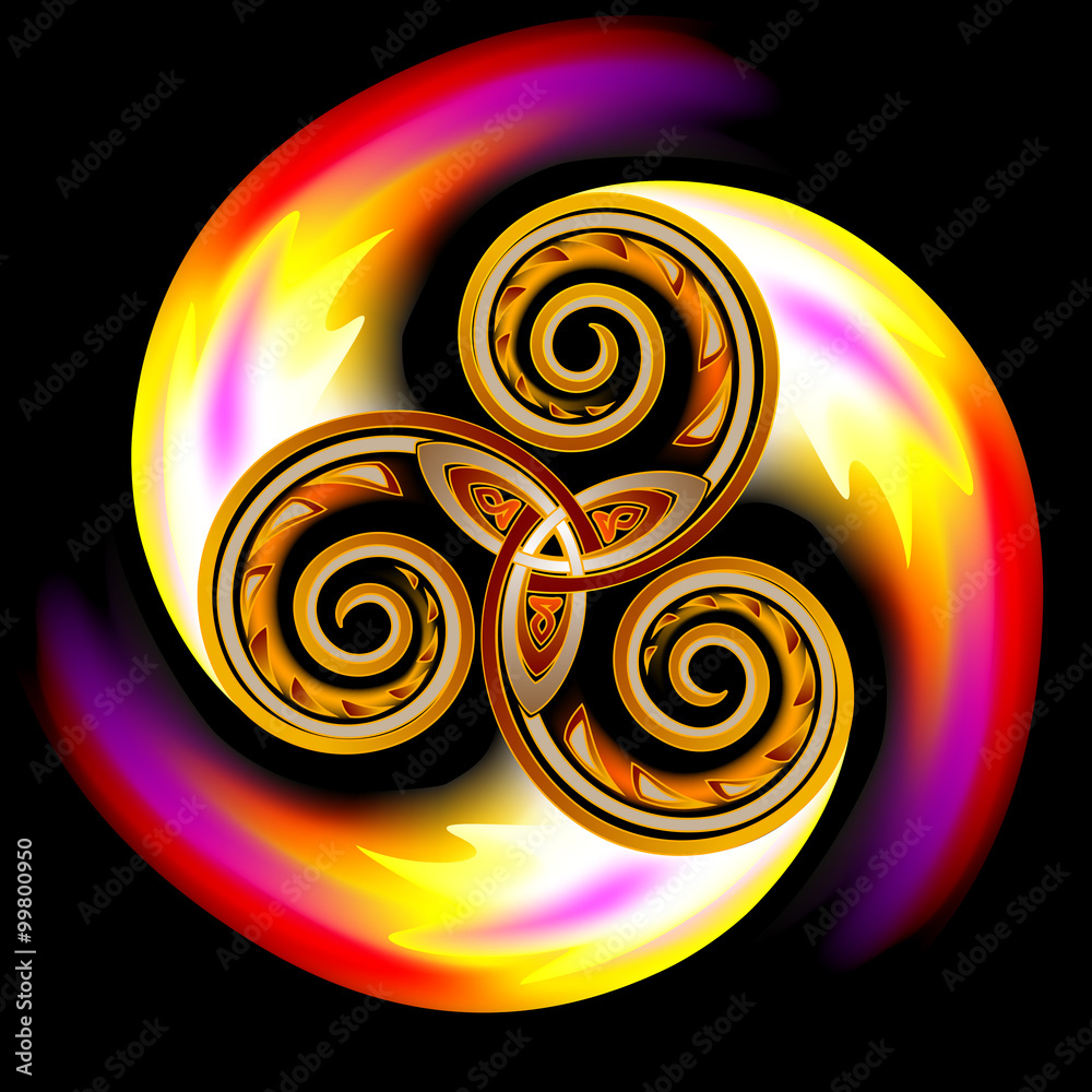 Celtic disk ornament with triple spiral symbol and flames, vector image ...