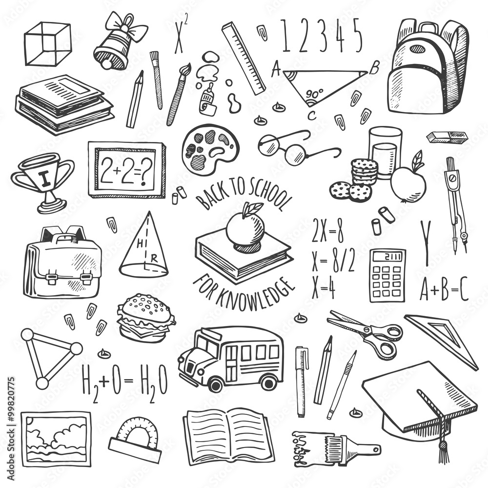 School tools sketch blue icons vector set. Stock Illustration | Adobe Stock