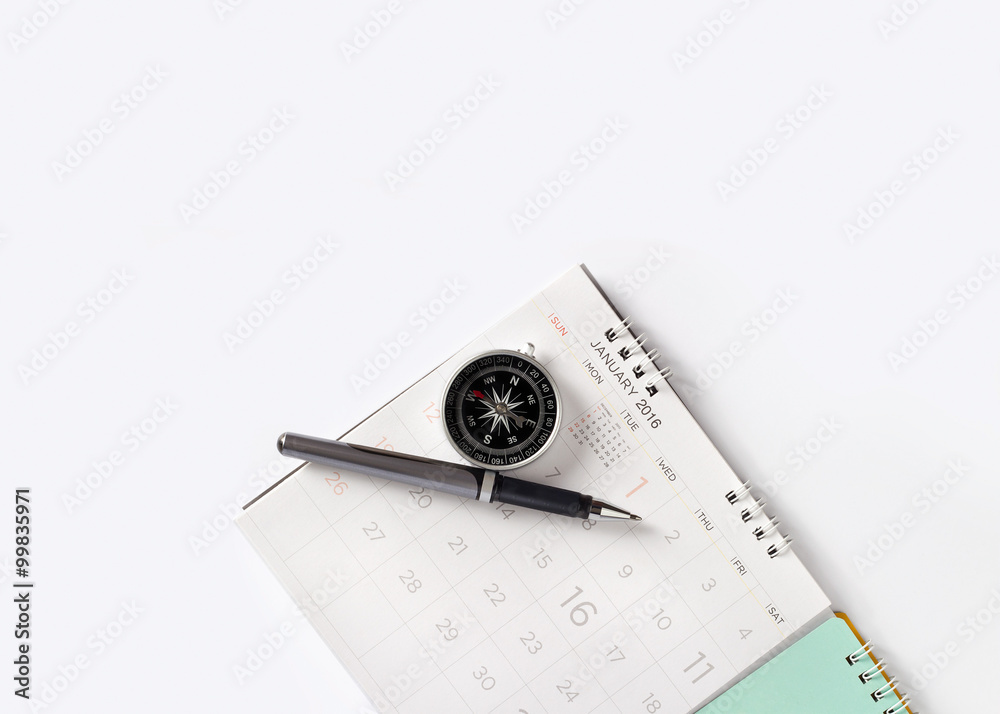 close-up sheet of a calendar with pen and compass on top view Stock ...