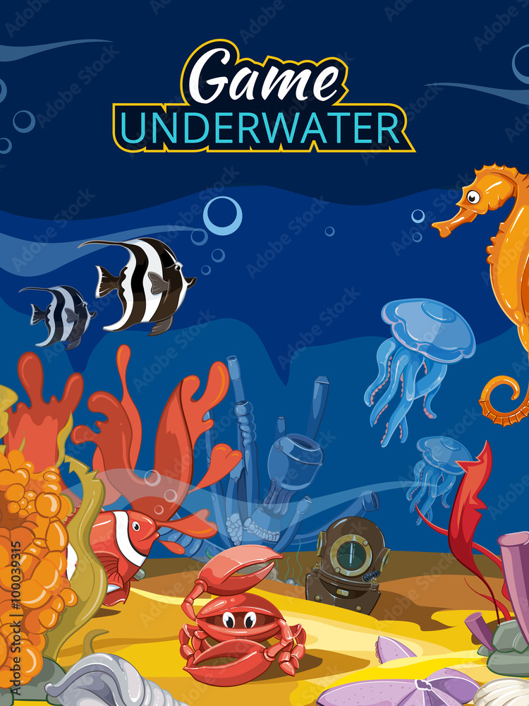 Underwater world computer game. Ocean fish and fauna wildlife jellyfish ...