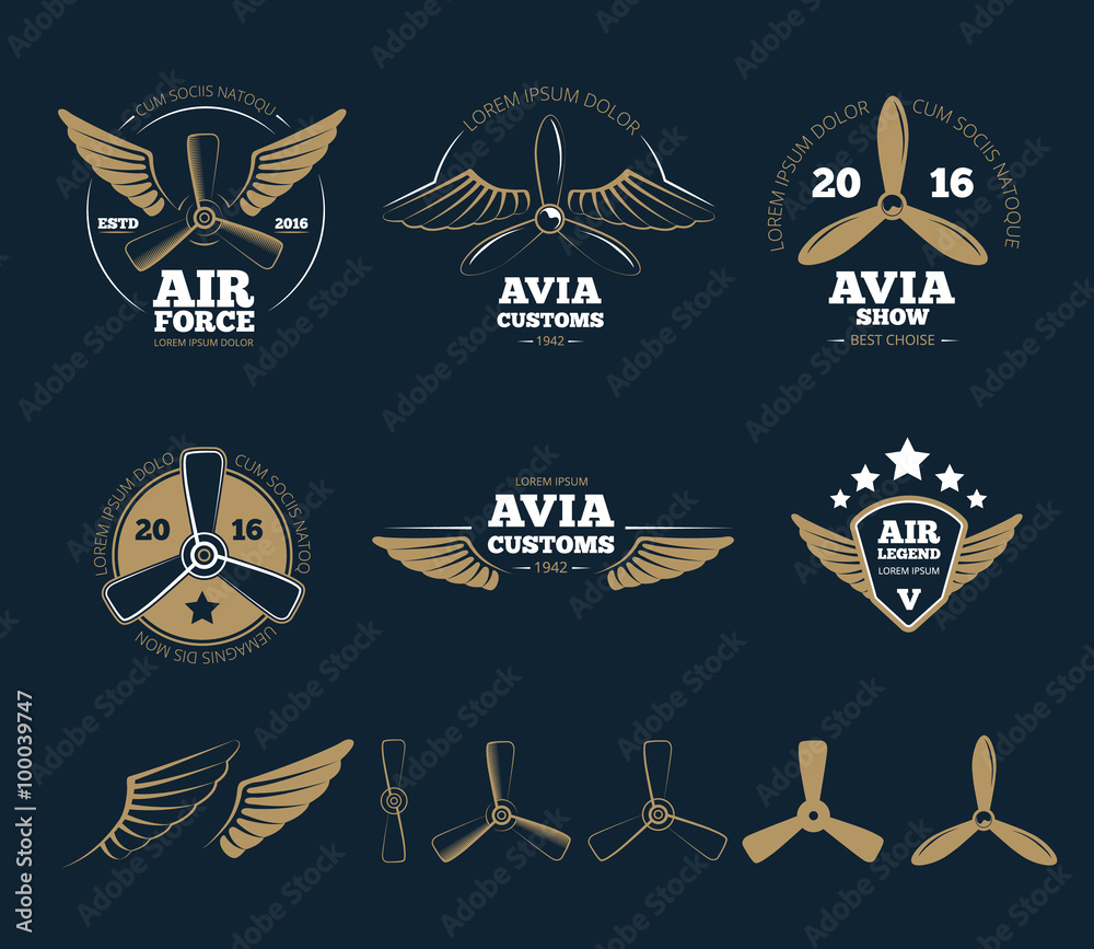 Aircraft design elements and logos. Airplane propeller, emblem or ...