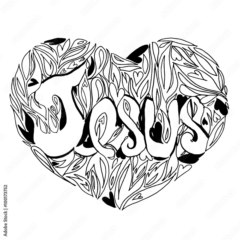 Line art black and white illustration drawing with Jesus name inside ...
