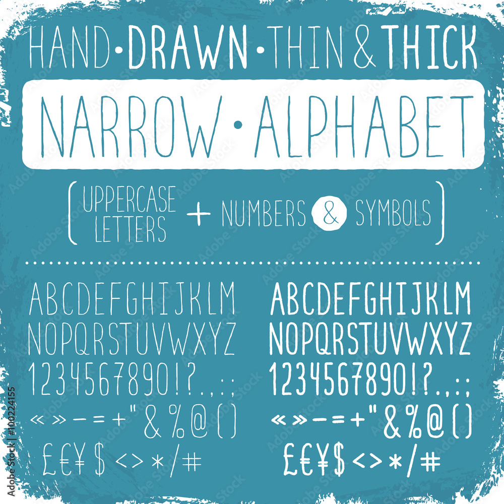 Hand drawn narrow alphabet. Uppercase tall and thin letters and symbols ...