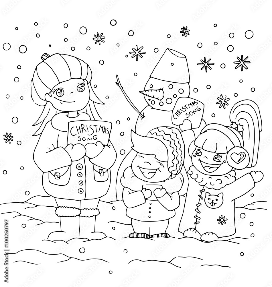 the children kindergarten with teacher cartoon hand drawn outline ...