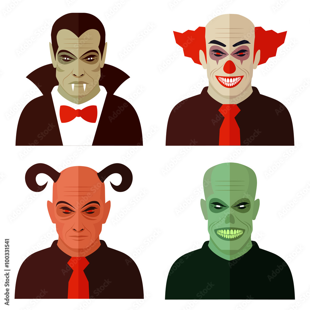 cartoon horror characters, evil clown, scary devil, creepy zombie ...
