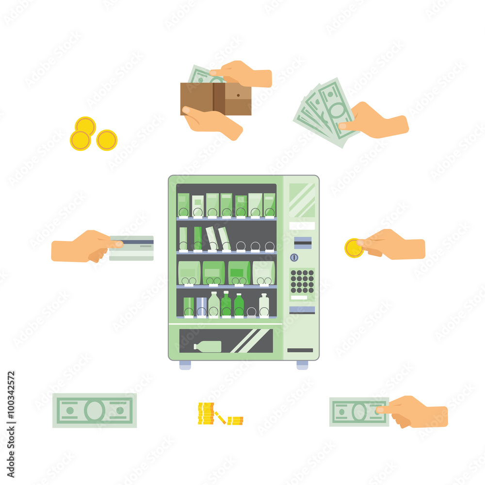 vending machine flat design style with payment variants hand icons ...