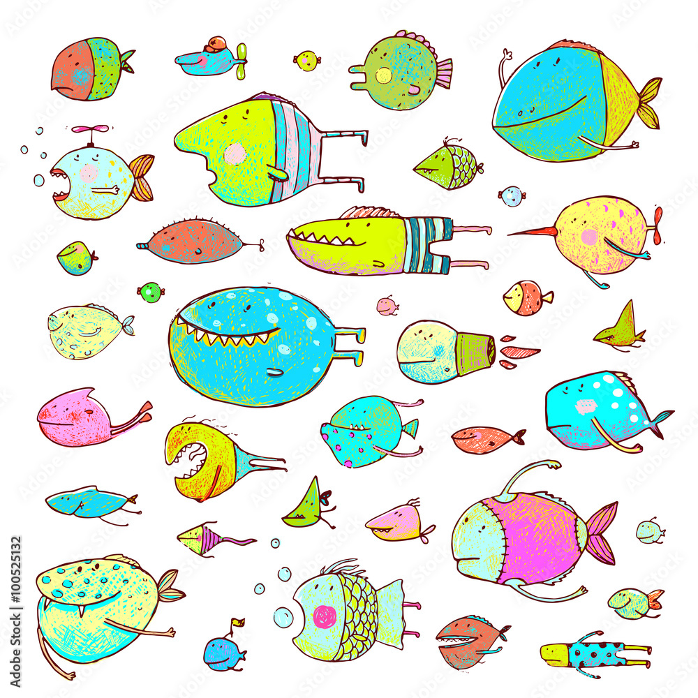 Cartoon Bizarre Fish Collection for Kids Hand Drawn Stock Vector ...