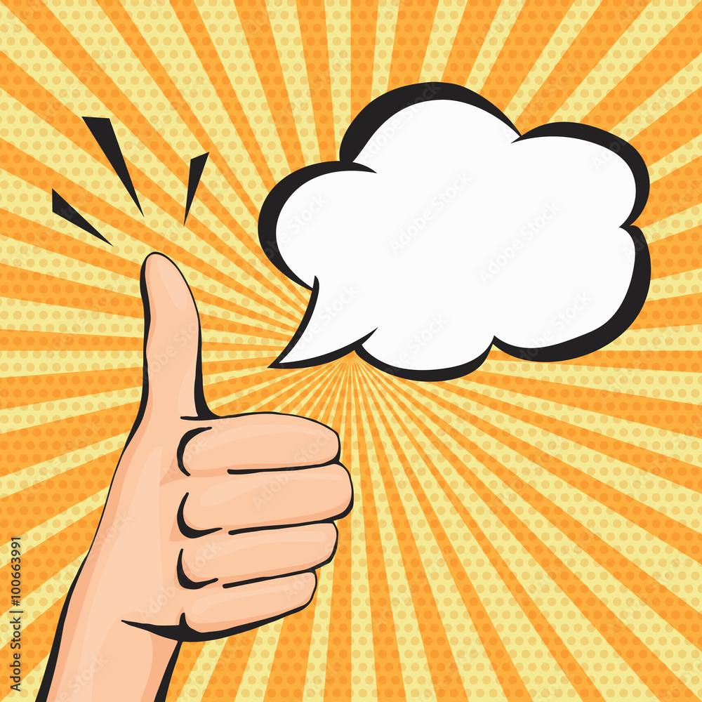 Vector pop art thumbs up hand sign, like hand gesture with text cloud ...