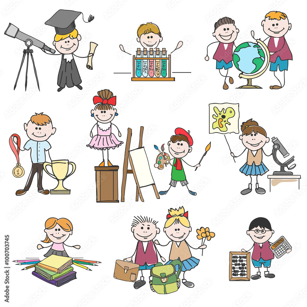 Kids hobbies doodle drawings. Boy and girl, childhood and school ... Kids hobbies doodle drawings. Boy and girl, childhood and school ...
