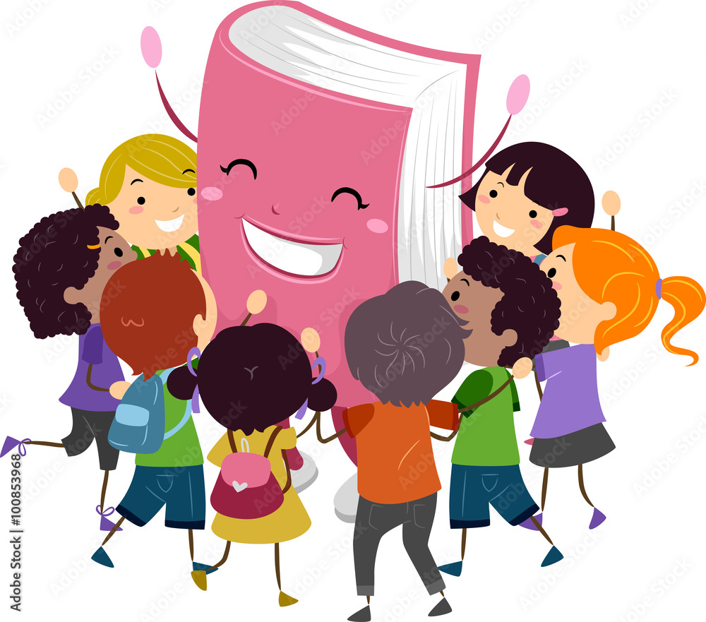 Stickman Kids Hugging Book Mascot Stock Vector | Adobe Stock