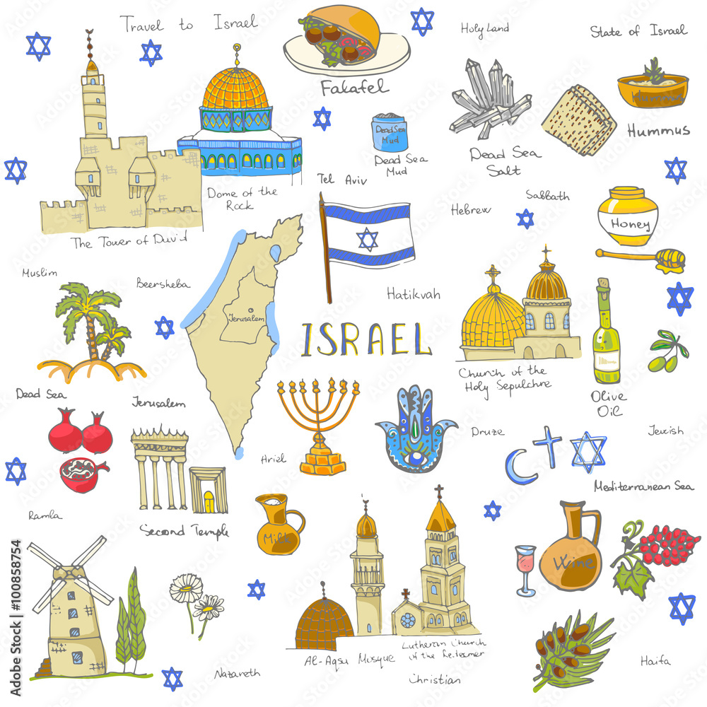 Set of hand drawn Israel icons, Jewish sketch illustration, doodle ...