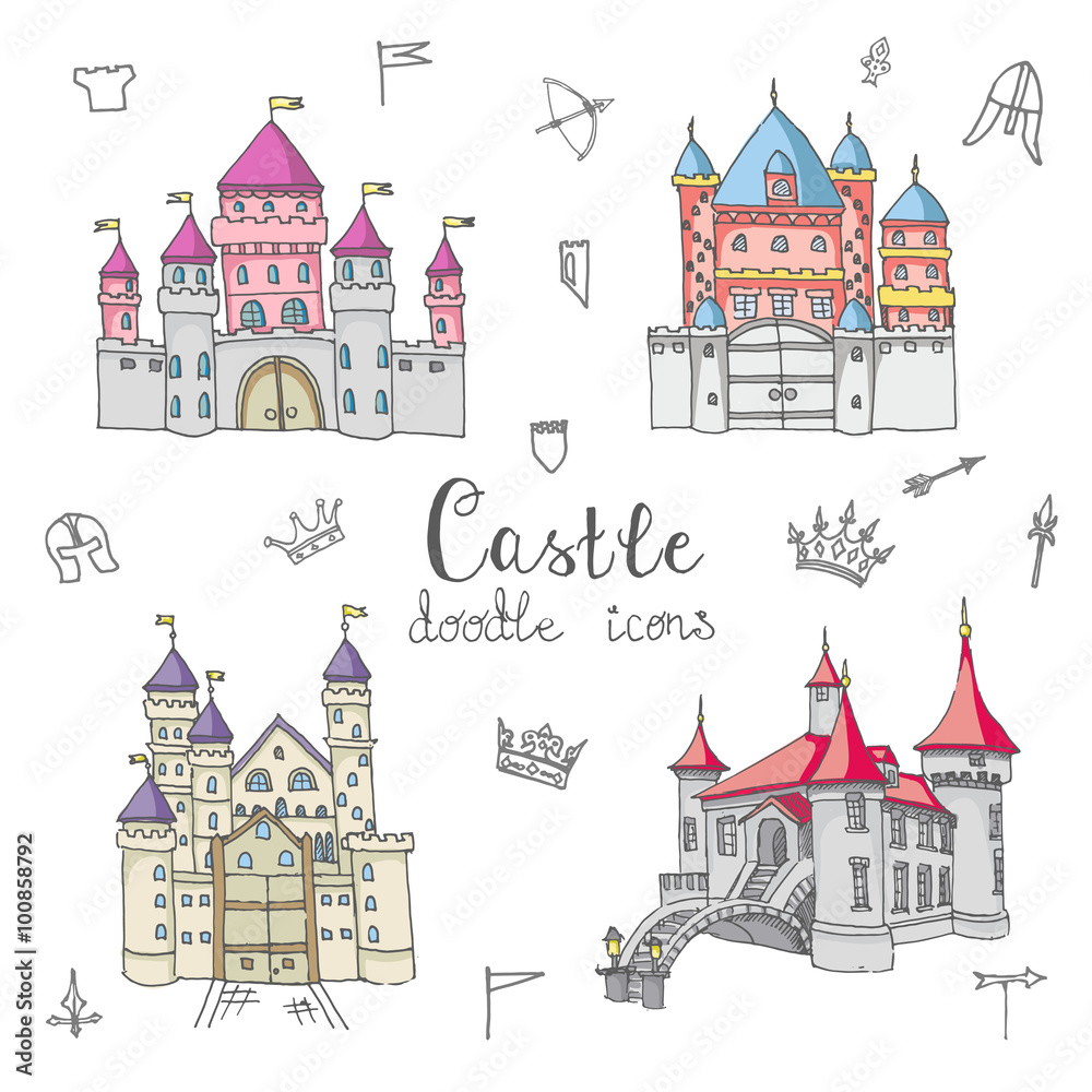 Set of hand drawn cartoon fairy tale castle icons, castle doodle vector ...