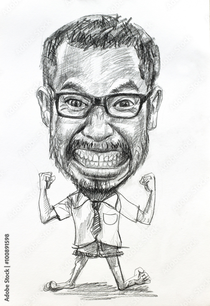 Caricature pencil drawing of angry man wearing eyeglasses on white ...