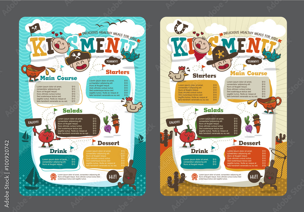 Cute colorful kids meal menu vector template with pirate cartoon and ...