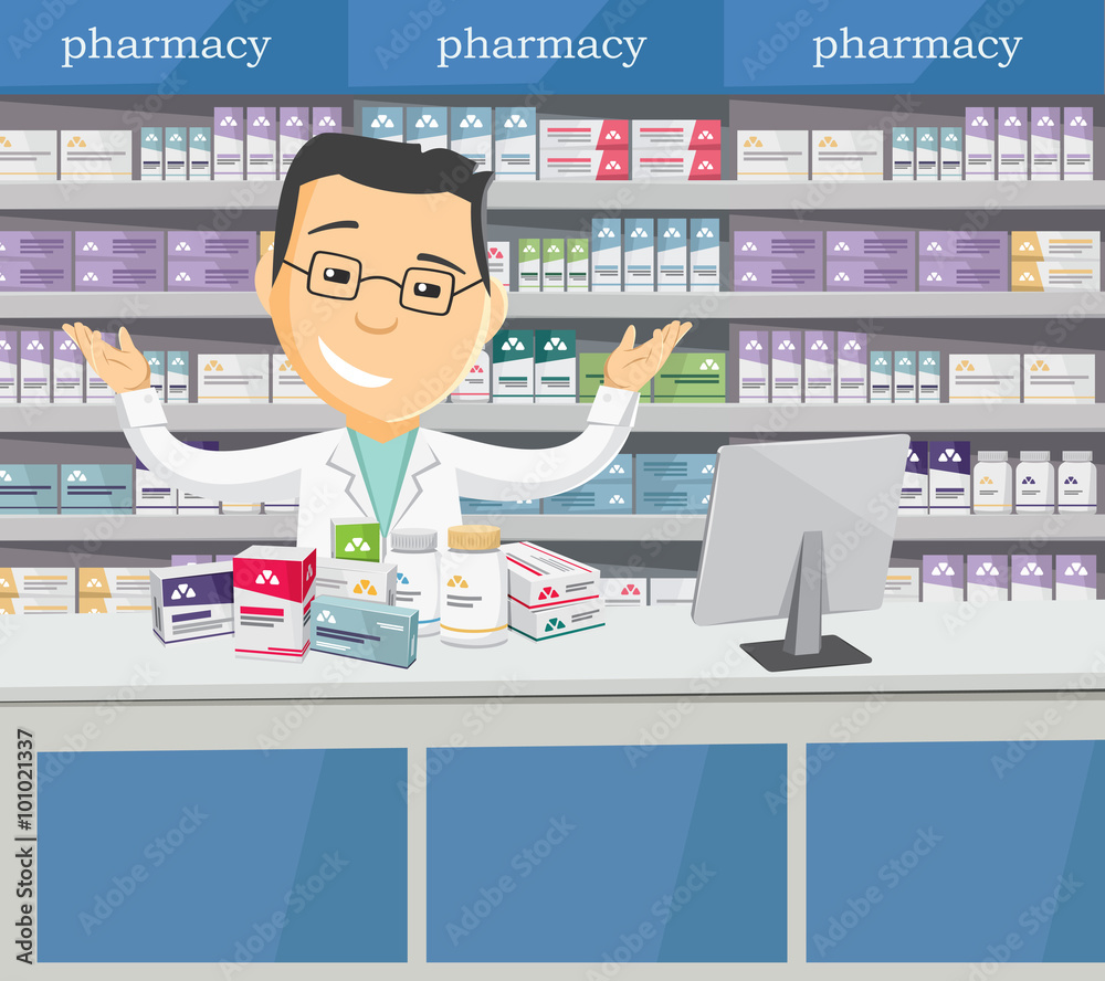 Pharmacist chemist man in pharmacy. Sale of vitamins and medications ...