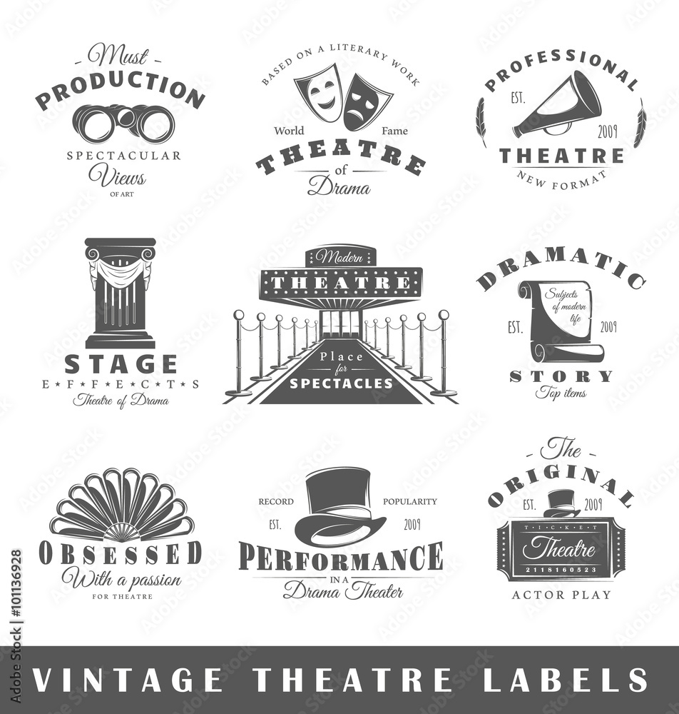 Set of theatre labels. Elements for design on the theatre theme ...