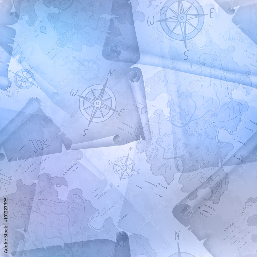Blue seamless texture of old map of Treasure Island with a compass and ...