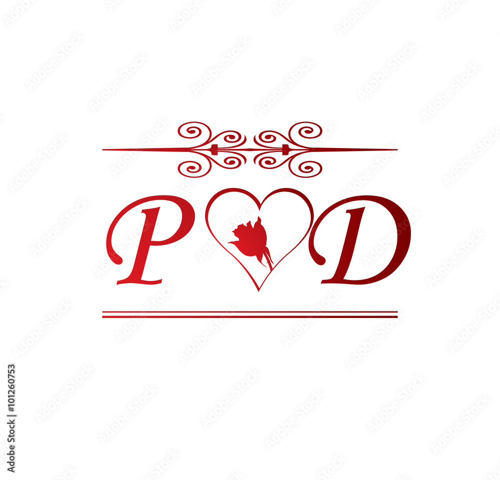 PD love initial with red heart and rose Stock Vector | Adobe Stock