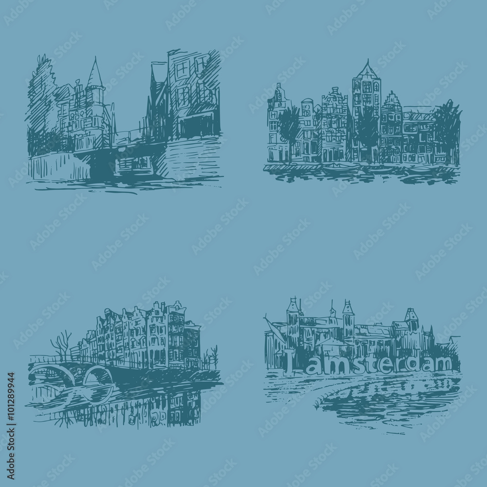 Landmarks in Amsterdam (Holland, Netherlands, Europe). Historical ...