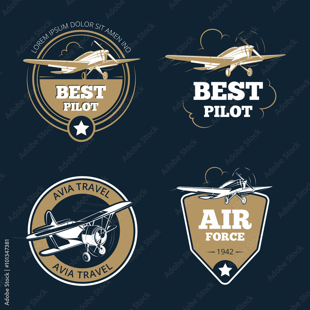 Aircraft and air transportation labels. Air tourism vector emblems ...