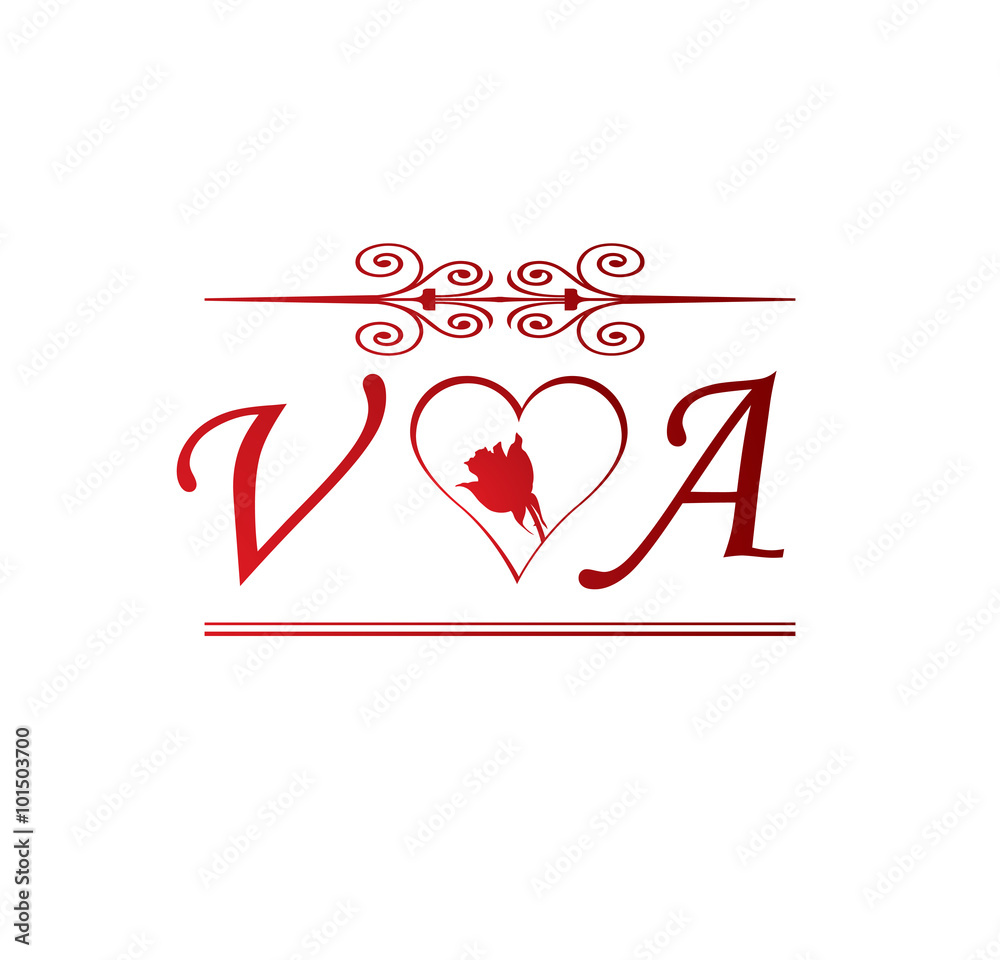 VA love initial with red heart and rose Stock Vector | Adobe Stock
