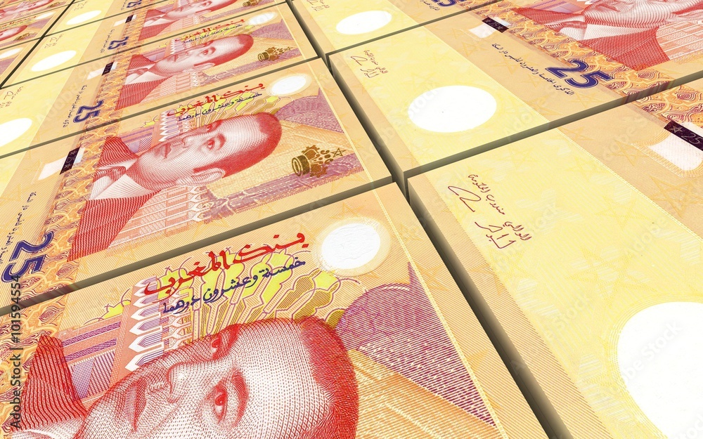 Moroccan dirhams bills stacks background. Computer generated 3D photo ...