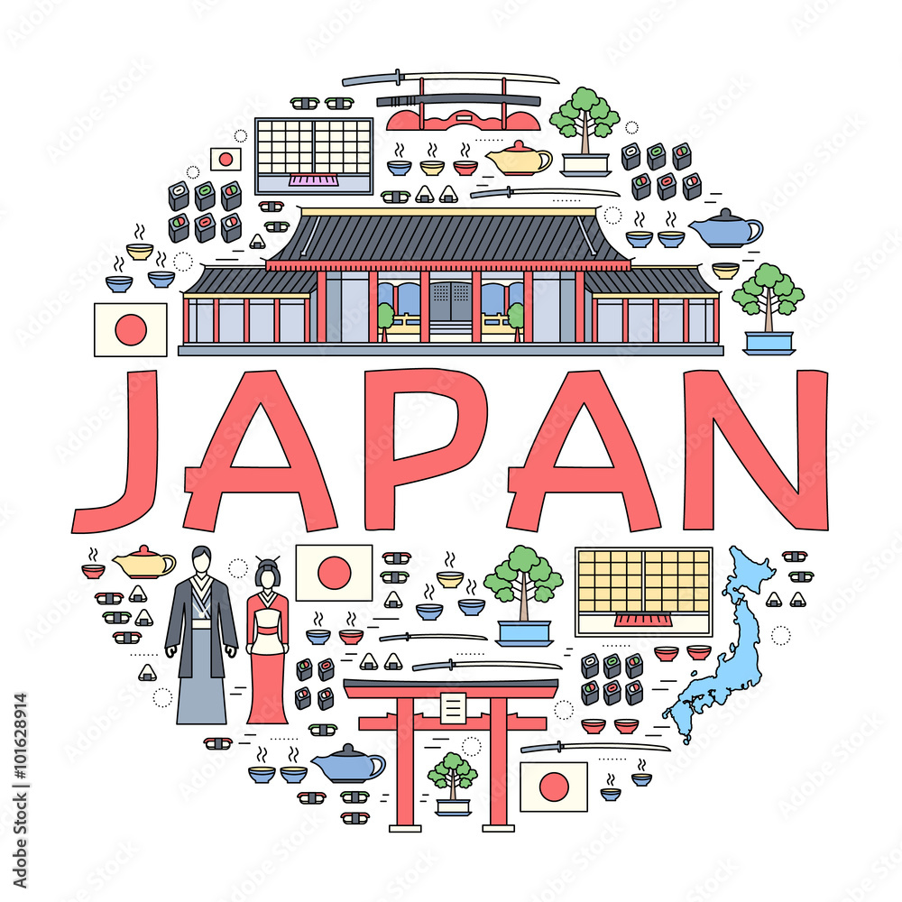 Country Japan travel vacation guide of goods, places and features. Set ...