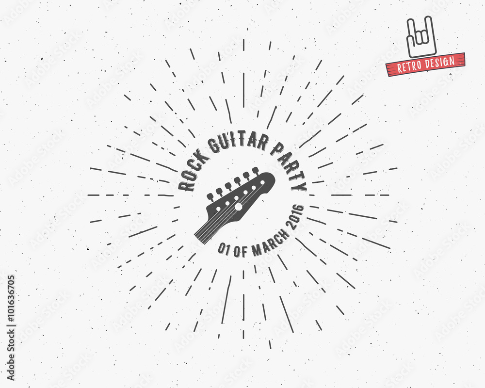Vector vintage guitar label with sunburst, typography elements, text ...