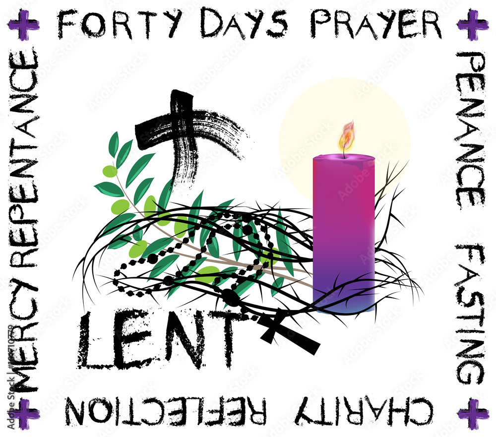 Symbols of the season of Lent, prayer, fasting and charity with thorns ...
