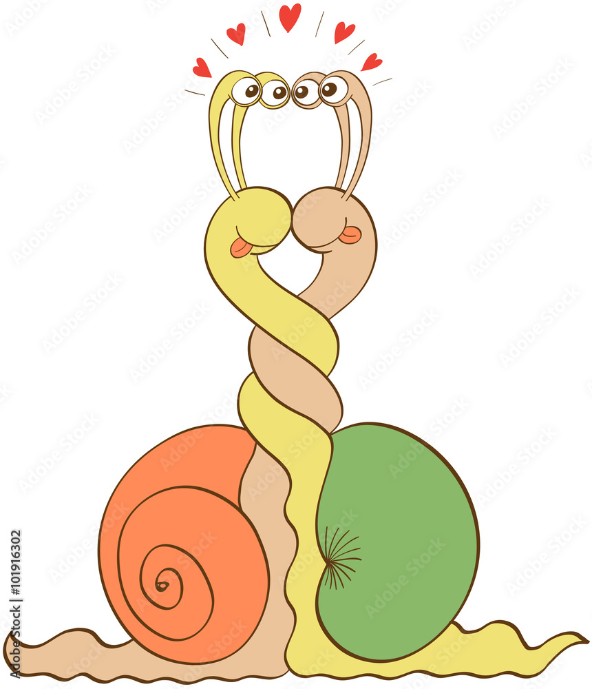 Enthusiastic snails in a love encounter, smiling, sticking their ...
