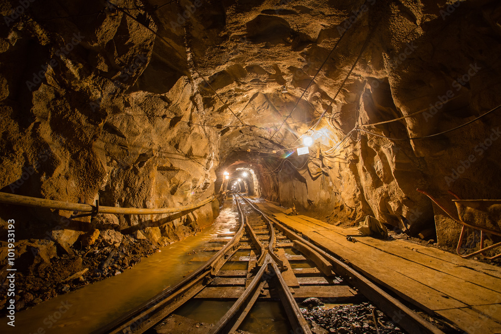 Gold mine underground ore tunnel with rails Stock Photo | Adobe Stock