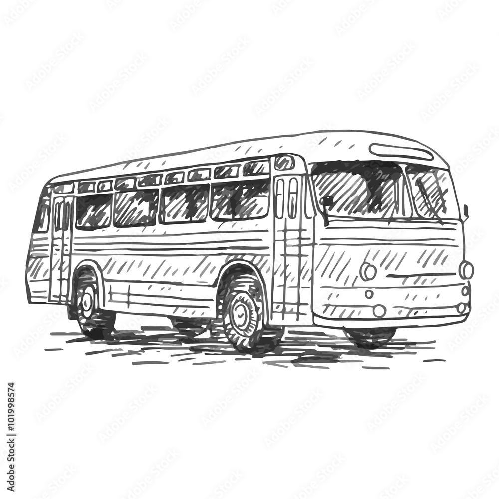 Retro bus. Picture of vintage transport. Old times. Vector hand drawn ...