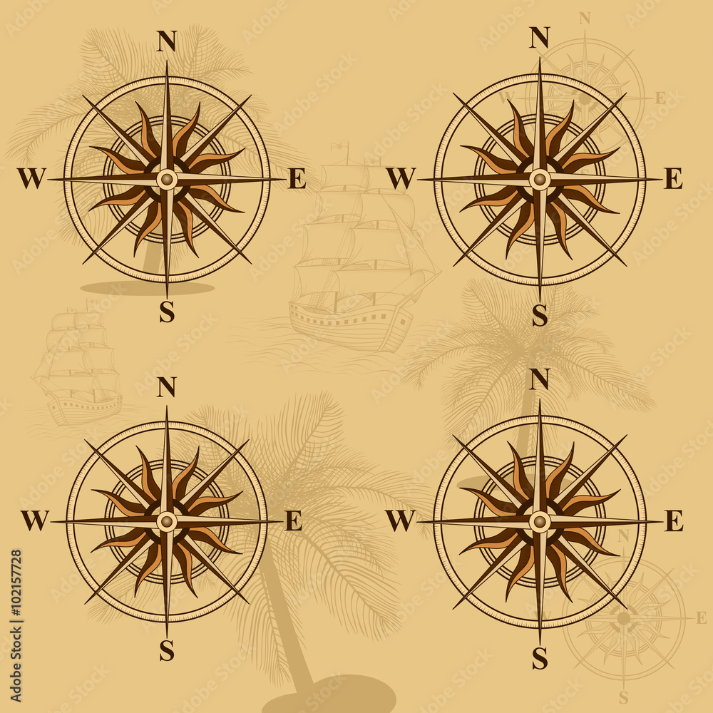 seamless old map with a compass and ships Stock Vector | Adobe Stock