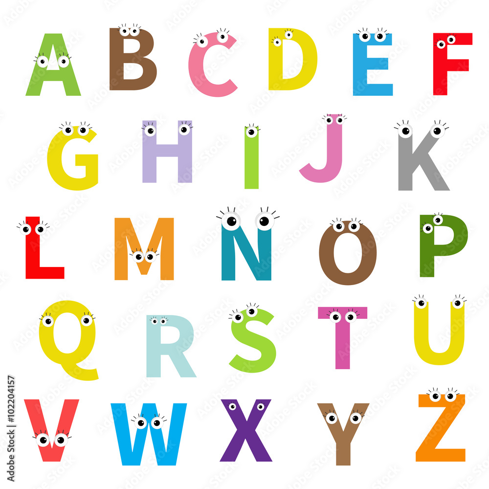 Alphabet. English abc. Letters with face, eyes. Education cards for ...