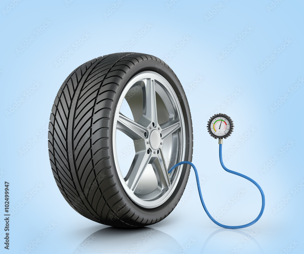 Automotive wheel with a pressure sensor on a blue background. Stock ...