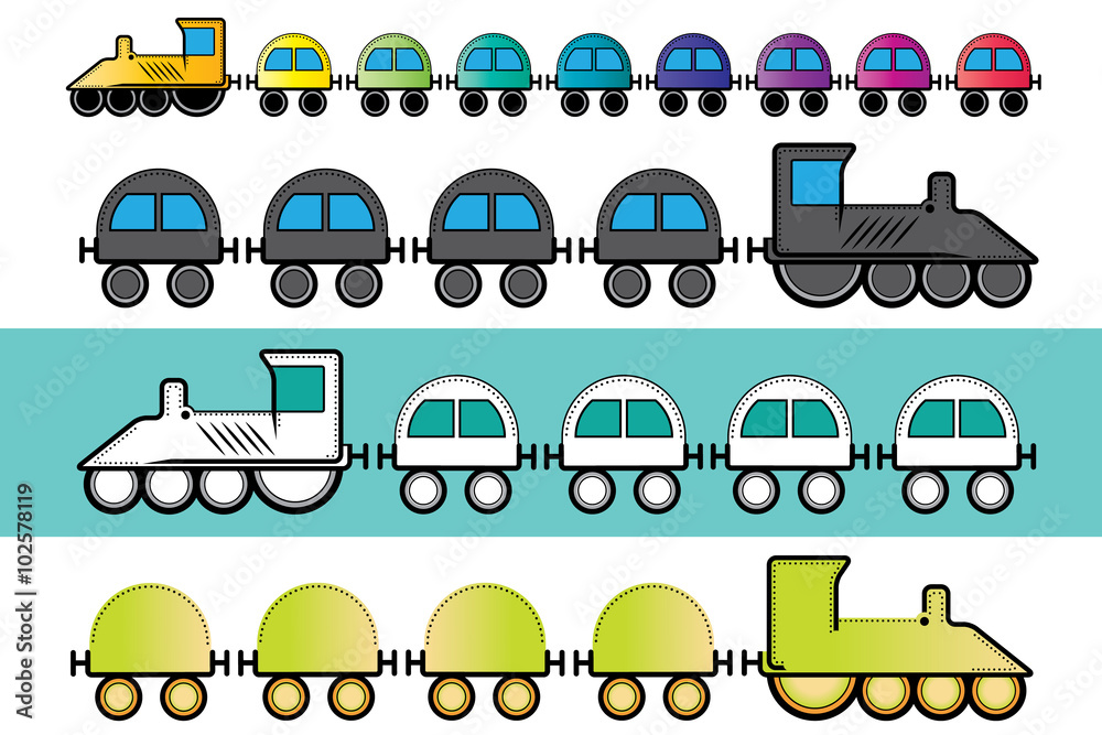 cartoon steam locomotive train with colored wagons vector illustration ...