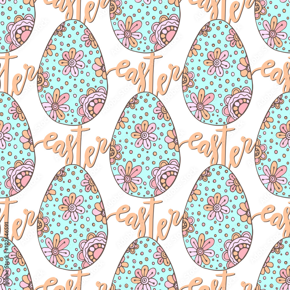 Easter pattern with hand drawn eggs and lettering. Perfect vector for ...