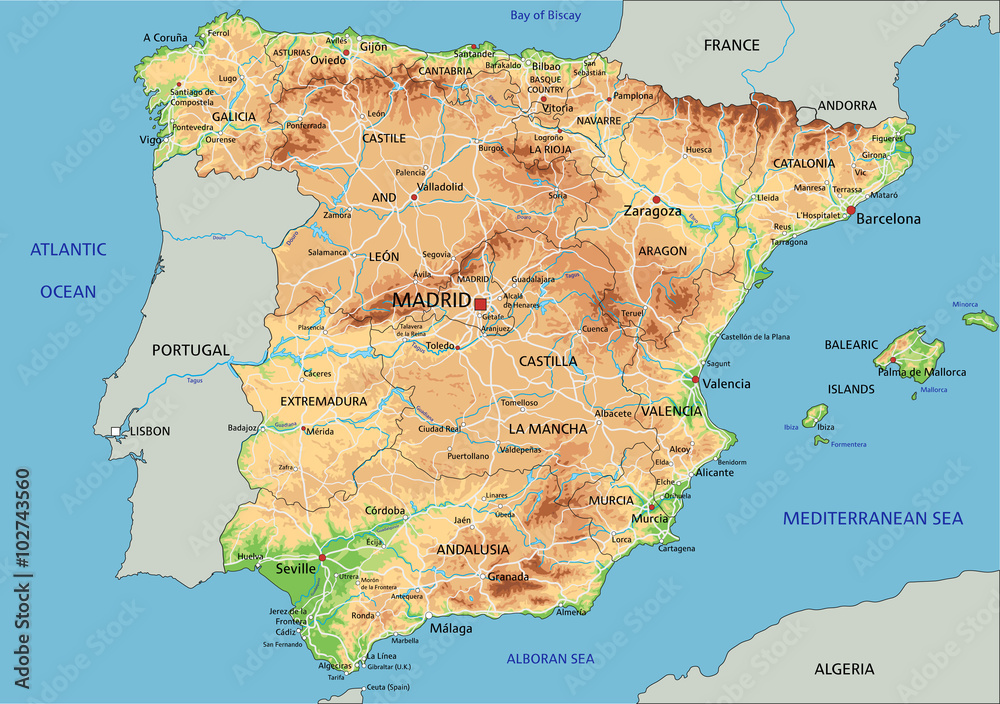 High detailed Spain physical map with labeling. Stock Vector | Adobe Stock
