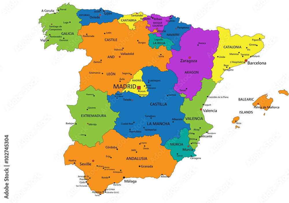 Colorful Spain political map with clearly labeled, separated layers ...
