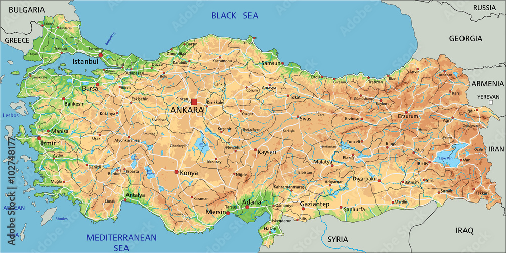 High detailed Turkey physical map with labeling. Stock Vector | Adobe Stock