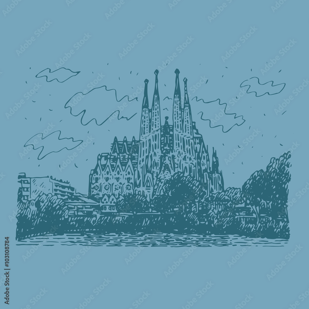 Sagrada Familia Temple in Barcelona, Spain. Drawn pencil sketch. Vector ...