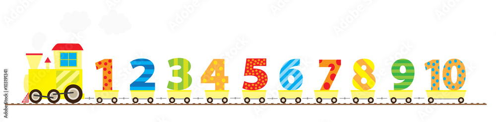 cartoon simple math train with numbers 1 -10 and steam / vector ...