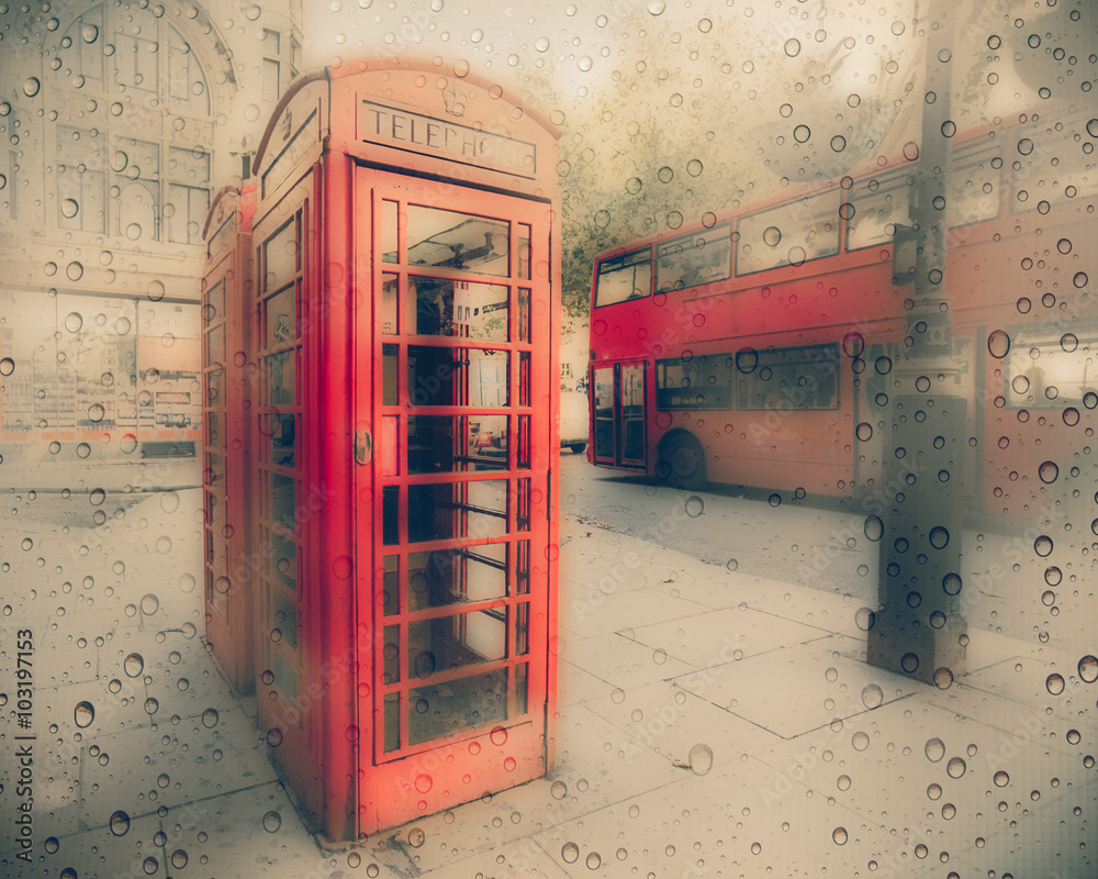 Street scene in London with iconic red phone booth and double decker ...