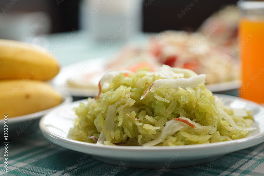 shredded rice grain with Coconut Flesh and Banana thaifood Stock Photo ...