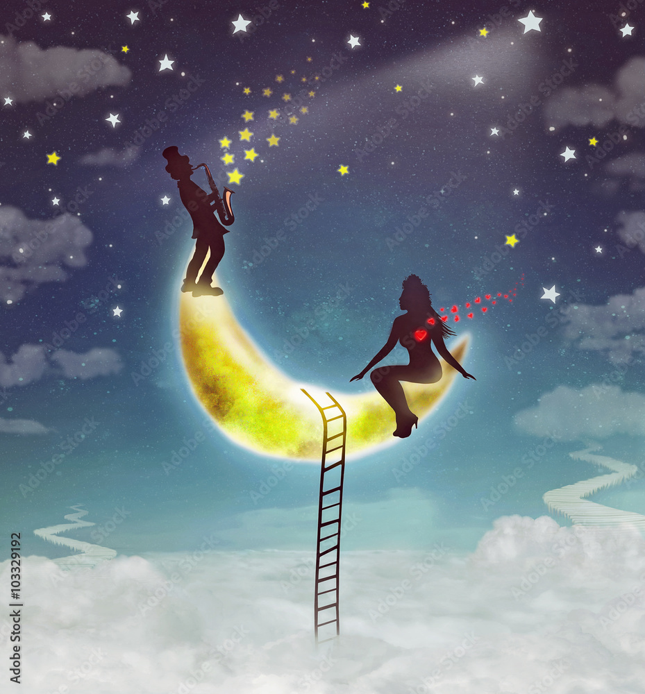 Silhouette illustration of a girl sitting on moon and boy playing the ...